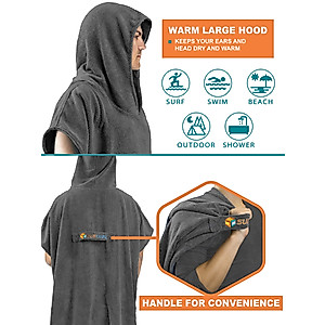 SUN CUBE Surf Poncho Changing Robe with Hood, Thick Quick Dry Microfiber Wetsuit Changing Towel for Surfing Beach Swim Outdoor Sports Men, Absorbent Wearable Towel Cover Up with Pocket, Gray