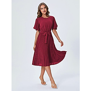 Milumia Women's Elegant Belted Pleated Flounce Sleeve Long Dress Burgundy Large