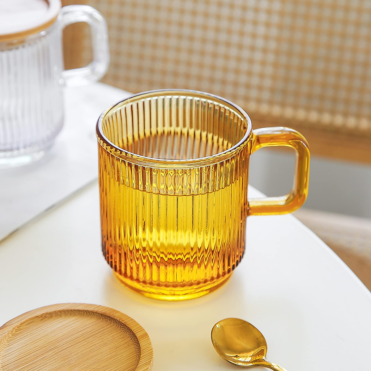 Lysenn Amber Glass Coffee Mug with Lid - Premium Classical Vertical Stripes Glass Tea Cup - for |Latte|Tea|Chocolate|Juice|Water| - Unleaded - Bamboo Lid - 12.5 Ounces