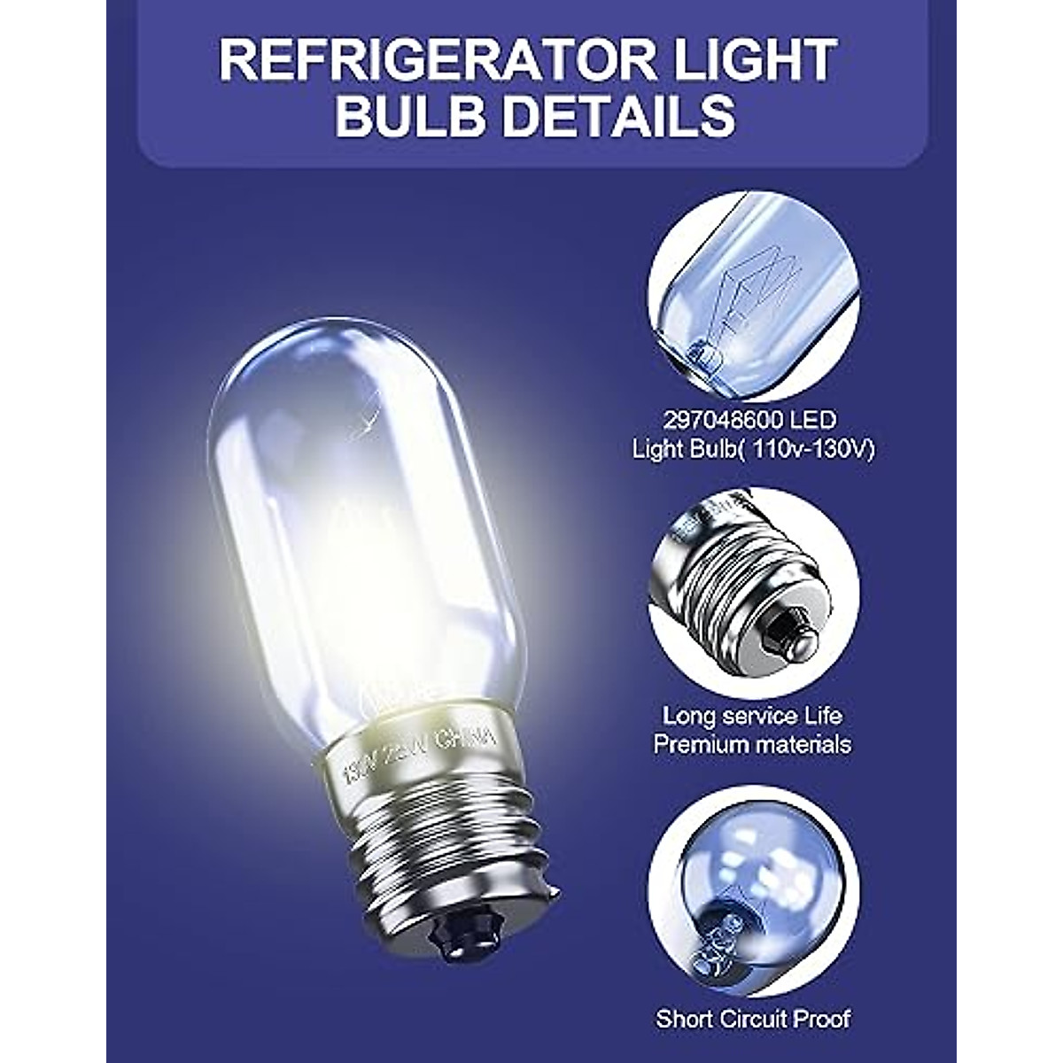 AXKJEVY Refrigerator Light Bulb 40 Watt 297048600 241552802 Compatible with Frigidaire Kenmore Whirlpool Electrolux KitchenAid Fridge Light Bulbs Replacement Freezer Bulb T8 E17 Lamp Light (3)