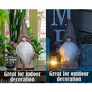 Garden Gnome Decorations with Solar Lights, Funny Resin Gnome Garden Figurines-Outdoor Lawn Decor Flocked for Patio, Balcony, Yard, Ornament Unique Christmas Housewarming Gift, 13 inch (Brown)