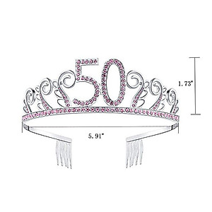 50th Birthday Cake Topper, 50th Sash Satin 50 & Fabulous Sash and Pink Rhinestone 50th Tiara for 50th Birthday Decorations and Party Supplies