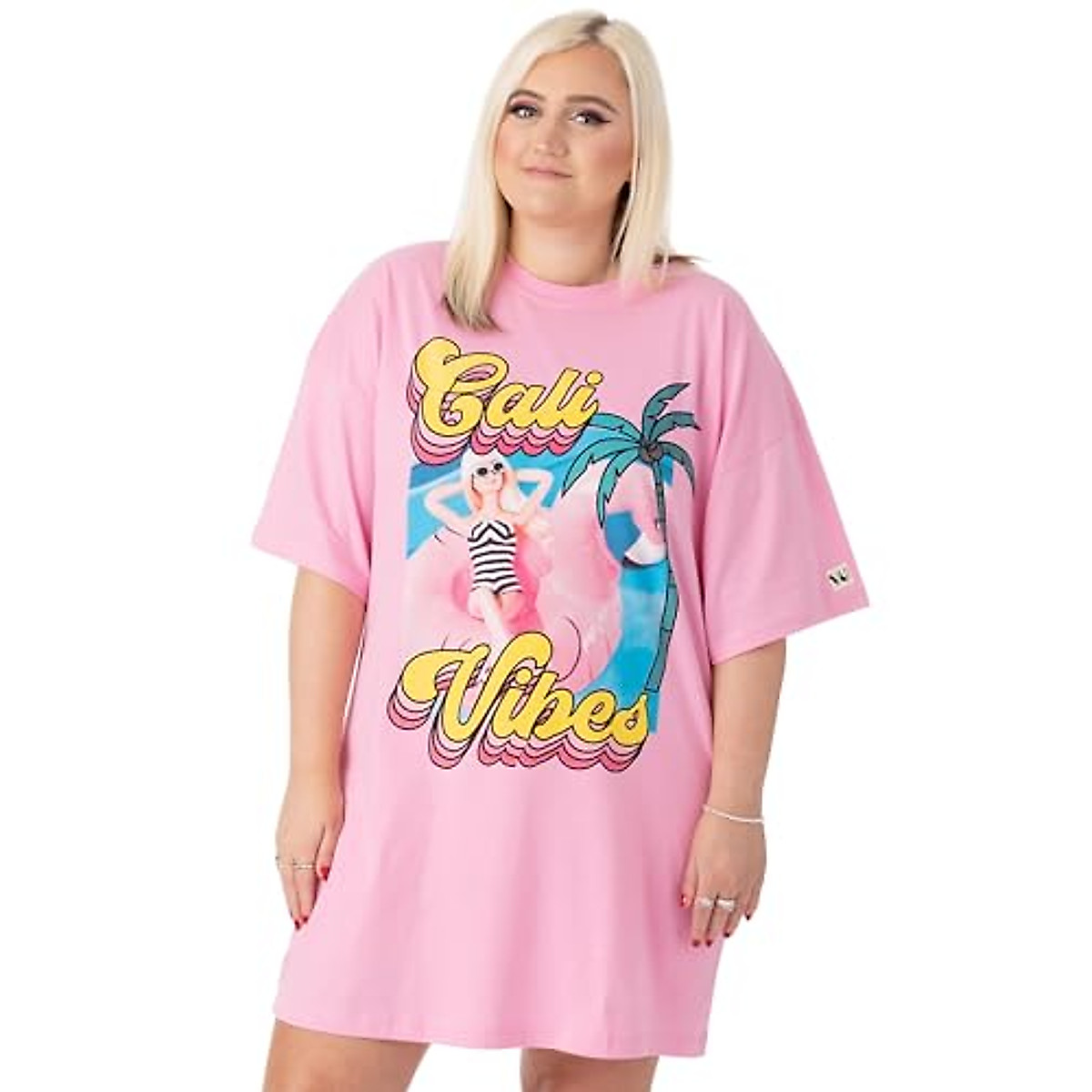 Barbie Womens Oversized T-Shirt Dress | Ladies California Vibes Doll Short Sleeve Summer Outfit | Pink Graphic Tee