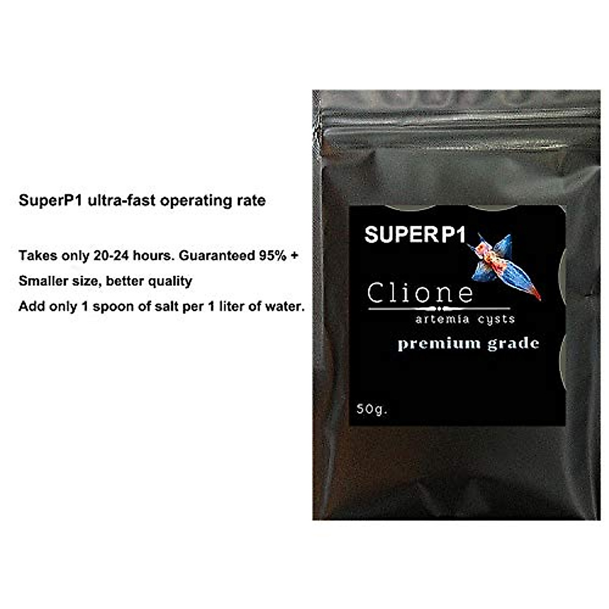 Clione SuperP1 50 g. (Premium Grade) Artemia Cysts Brine Shrimp Eggs Fish Food 95% Plus Hatch Rate in 24-32 Hour, Fresh Stock Tested, for All Tropical Fish Goldfish KOI Baby Fry Fish Guppy Betta Fish