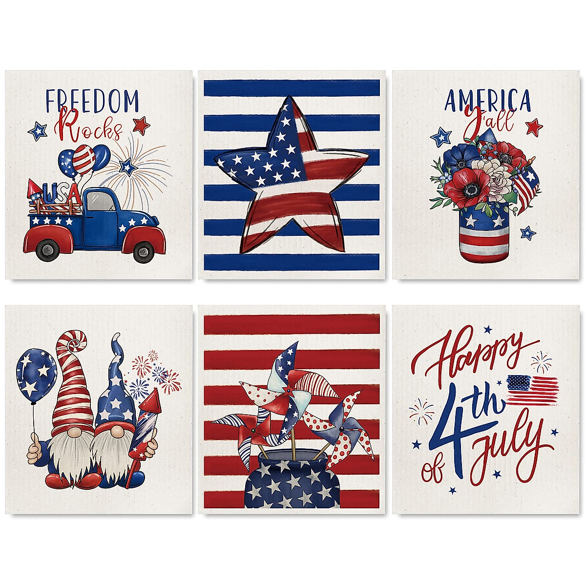 AnyDesign Happy 4th of July Swedish Dishcloths American Flag Stars Truck Gnome Kitchen Dish Towel 7x8 Patriotic Reusable Cotton Kitchen Towel for Independence Day Home Cleaning Housewarming, 6 Pack
