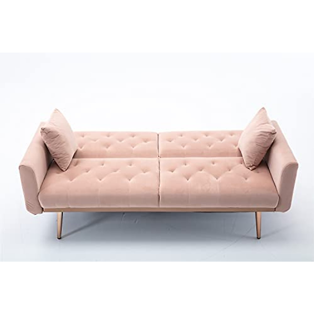Voohek Velvet Futon Sofa, Tufted Loveseat Couch, Convertible Sleeper Bed, Accent Recliner with Golden Metal Legs & 2 Pillows for Home Living Room Bedroom, Pink