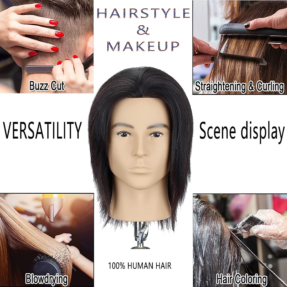 HAIRWAY Male Mannequin Head with 100% Human Hair 8 Inch Hairdresser Practice Cosmetology Styling Training Manikin Doll Head with Table Stand Clamp (Natural Black)