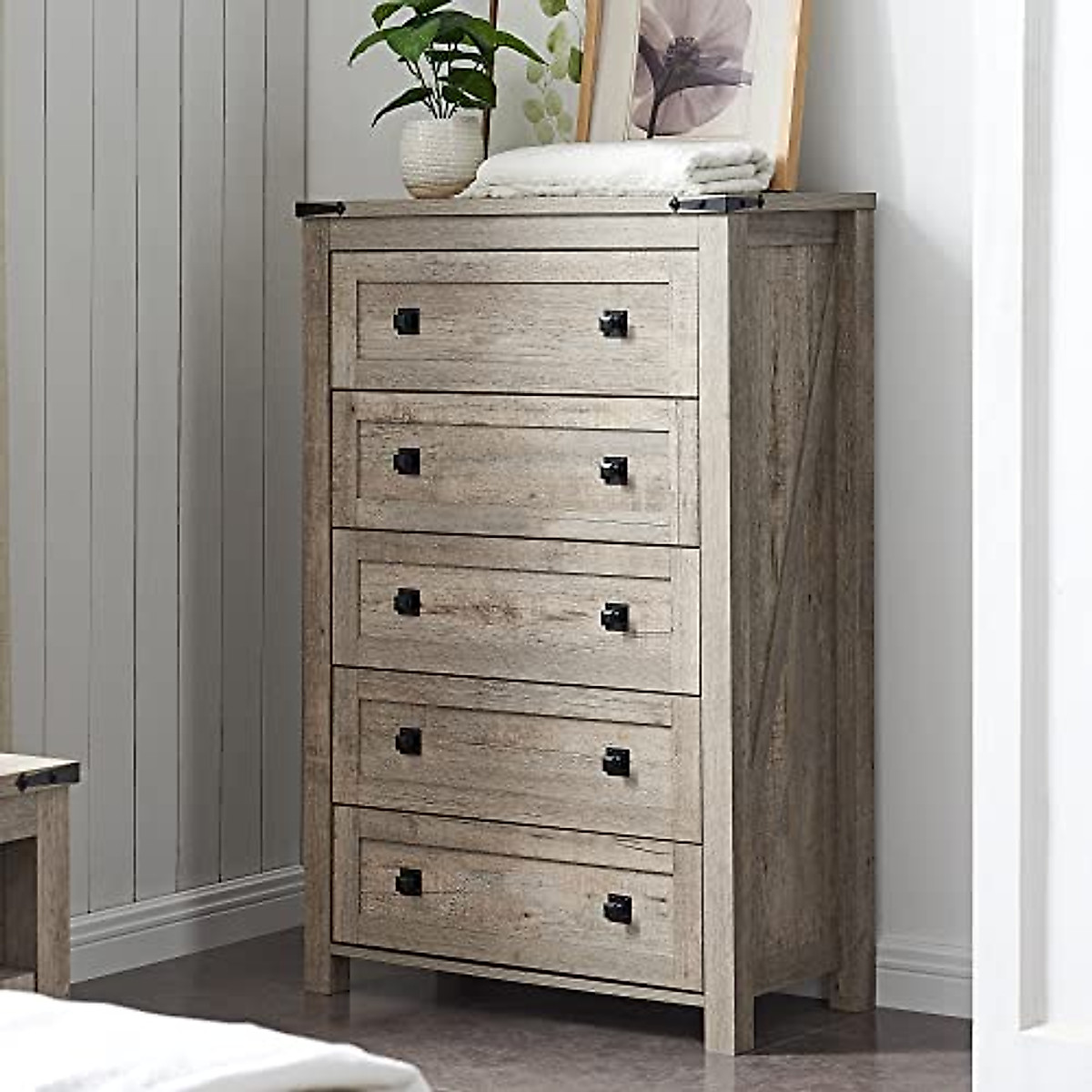 T4TREAM Farmhouse 5 Drawers Dresser Chests for Bedroom, Wood Rustic Tall Chset of Drawers,Dressers Organizer for Bedroom, Living Room,Hallway, Light Rustic Oak