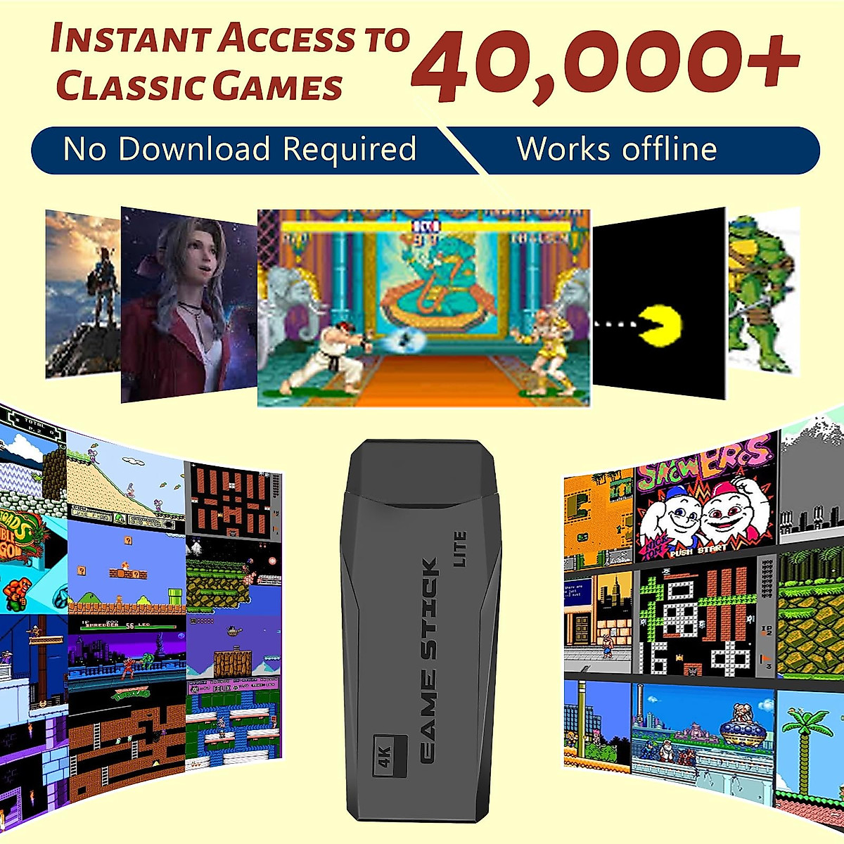 HRYYDS 2025 Retro Gaming Console Pro 4K HDMI with 40,000+ Built-in Classic Video Games - Plug & Play Game Stick for TV with 2 Wireless Controllers | 23 Emulator Support 64GB