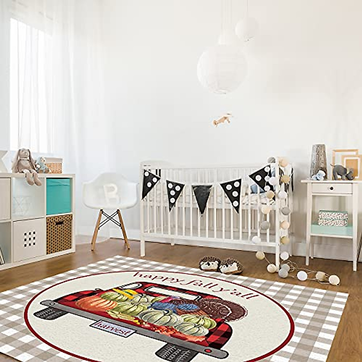 Indoor Area Rugs Thanksgiving Turkey Truck Pumpkin Non-Slip Floor Mats Grey Check Rectangular Carpet Soft Washable Rugs for Living Room/Bedroom/Hallway Home Decor - 2x3 Feet