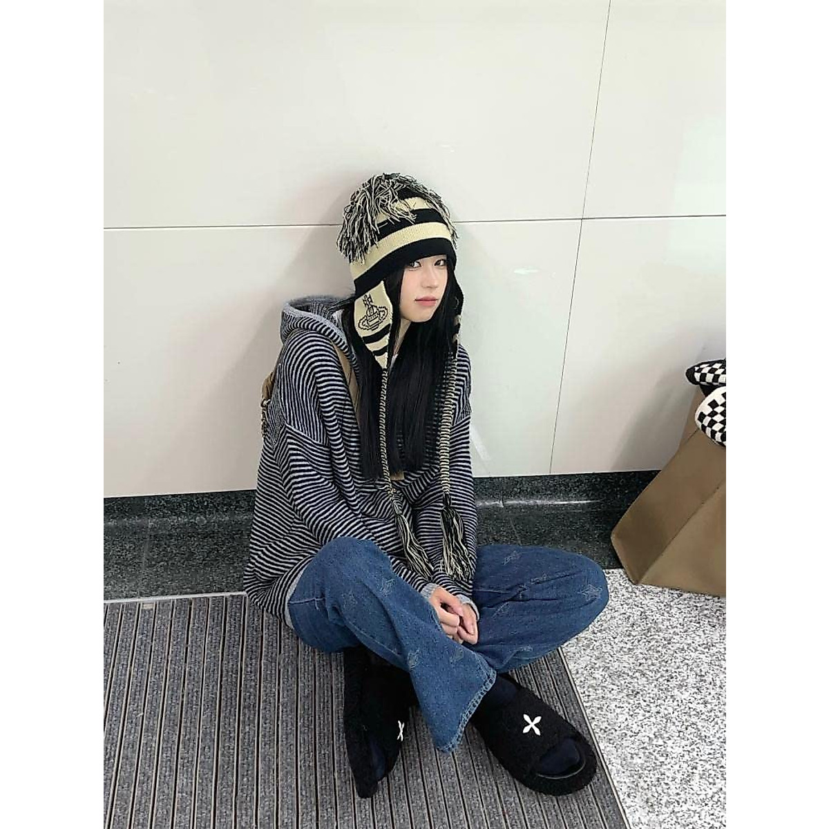 CEINOM Anime Cosplay Beanies Hats Girl Women Tassel Ear Protection hat Warm Cap Grunge Accessories Slouchy Beanies for Women (Black,One Size)