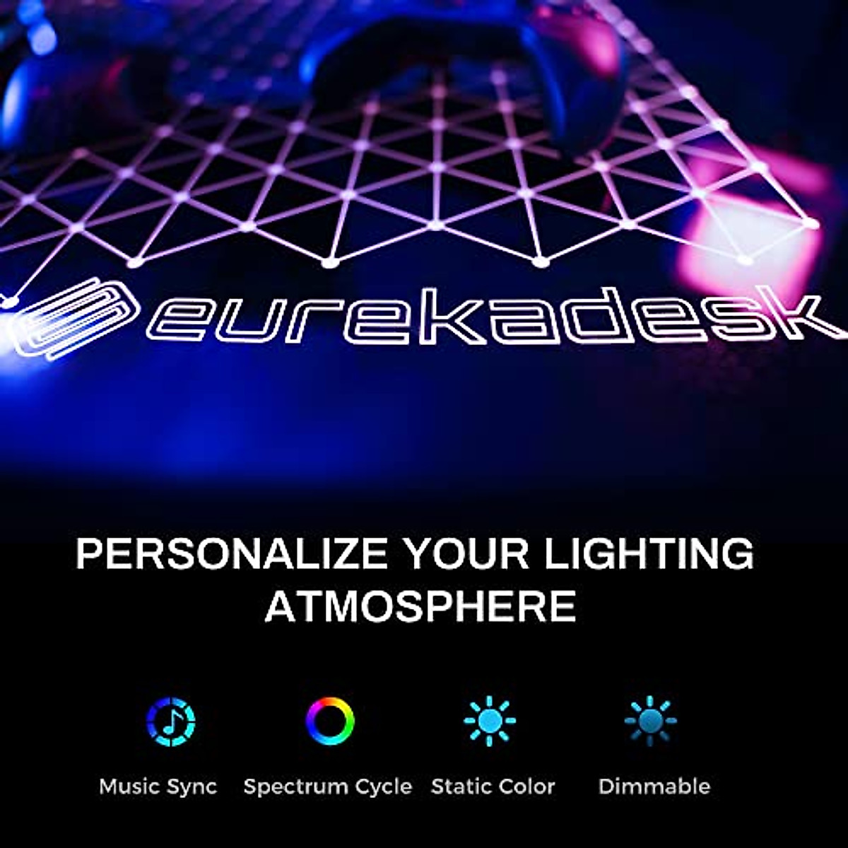 EUREKA ERGONOMIC Music Sensing RGB LED Lights Glass Gaming Desk, 60 Inch L Shaped Reversible Top, Home Office Corner Computer Studio Table Gifts GTG L60 w Cup Headset Socket Holder, Smart APP Control