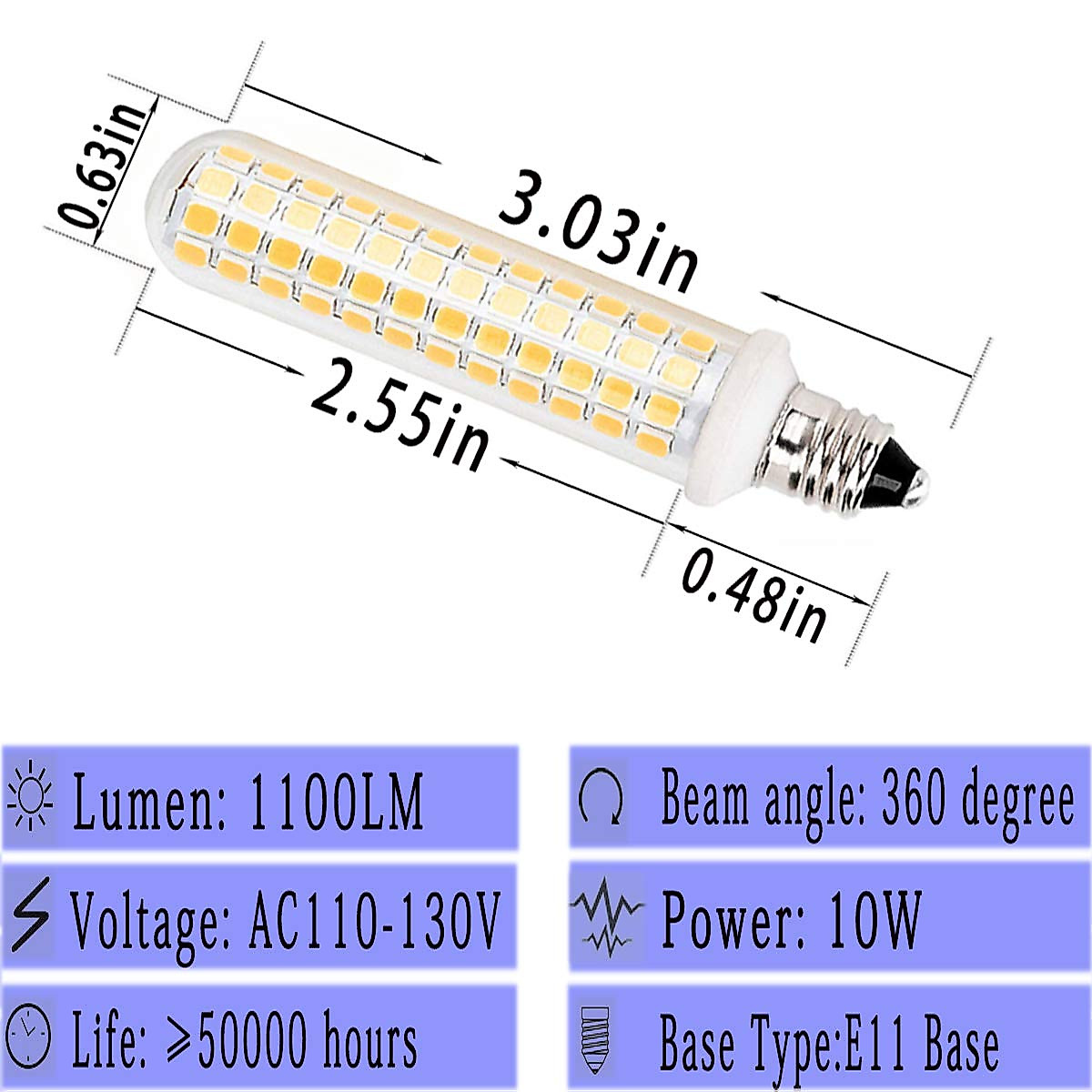 New Upgrade -E11 led Bulb,125 LEDs 100W 120W Halogen Bulbs Equivalent, 10w 1100lm, E11 Mini Candelabra Base Warm White 3000k,AC 110V/130V,JD T3 T4 Bulb (2 Packs)