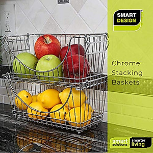 Smart Design Stacking Baskets Organizer w/ Handle - Medium - Steel - for Food, Fruit, & Vegetable Safe - Kitchen (12.63 x 5.5 Inch) [Chrome] (2 Pack)