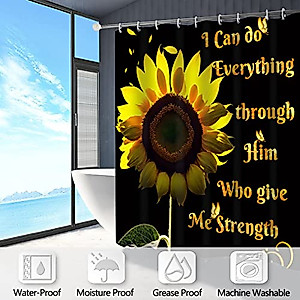 Izayoi 4PCS Sunflower Shower Curtain Sets Butterfly Yellow Flower Bathroom Sets with Non-Slip Rug, Toilet Lid Cover and Bath Mat Waterproof Shower Curtains for Bathroom Decor with 12 Hooks