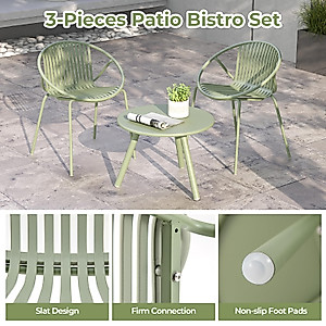 Tangkula 3 Pieces Bistro Set, All Weather PP Patio Conversation Set, Heavy-Duty Metal Frame Outdoor Acapulco Chair Set w/Round Coffee Table, 2 Chairs and Side Table Set for Deck, Balcony (Green)