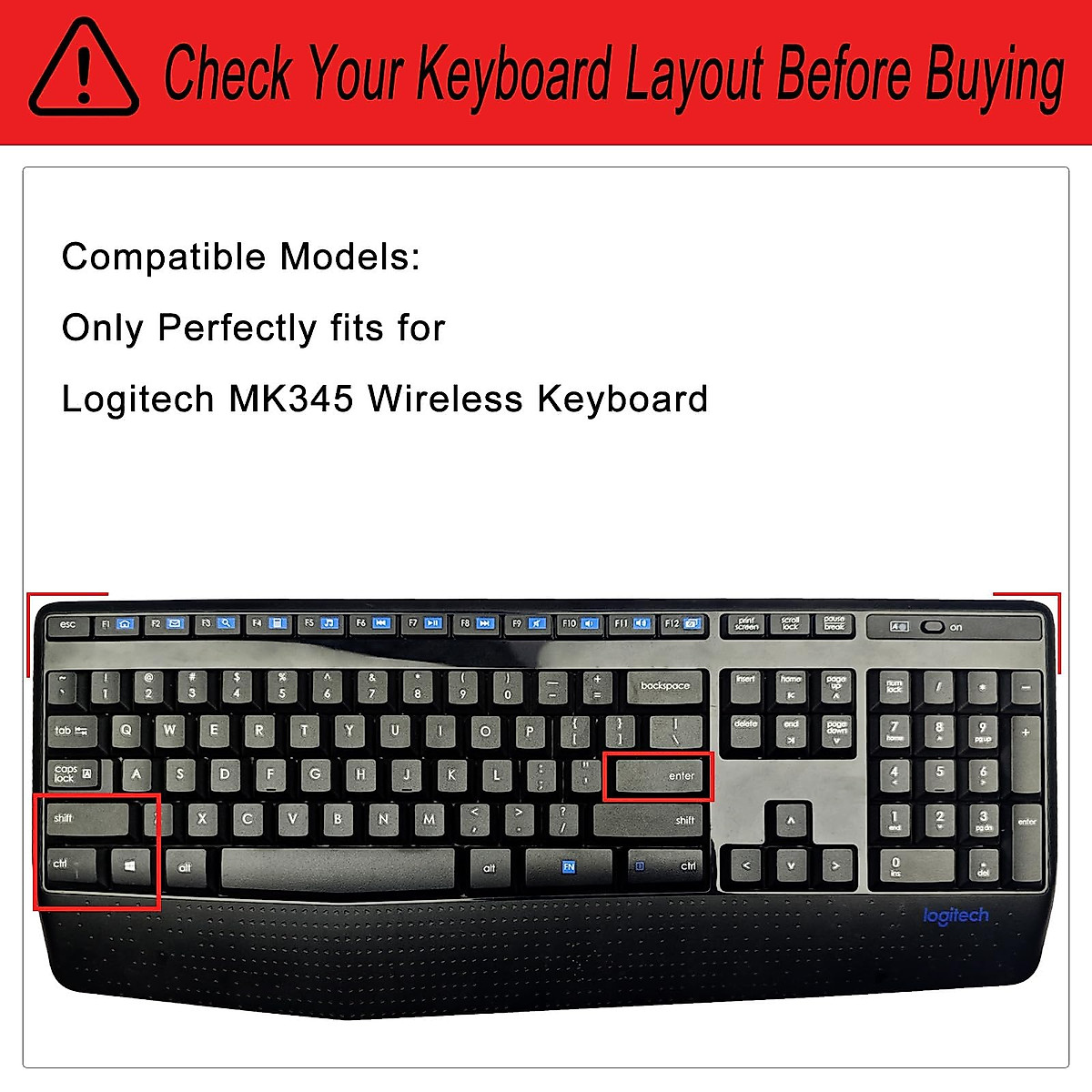 Premium Ultra Thin Silicone Full-Sized Keyboard Protector,Compatible with Logitech MK345 Wireless Keyboard, Waterproof Dustproof Keyboard Skin (Black)