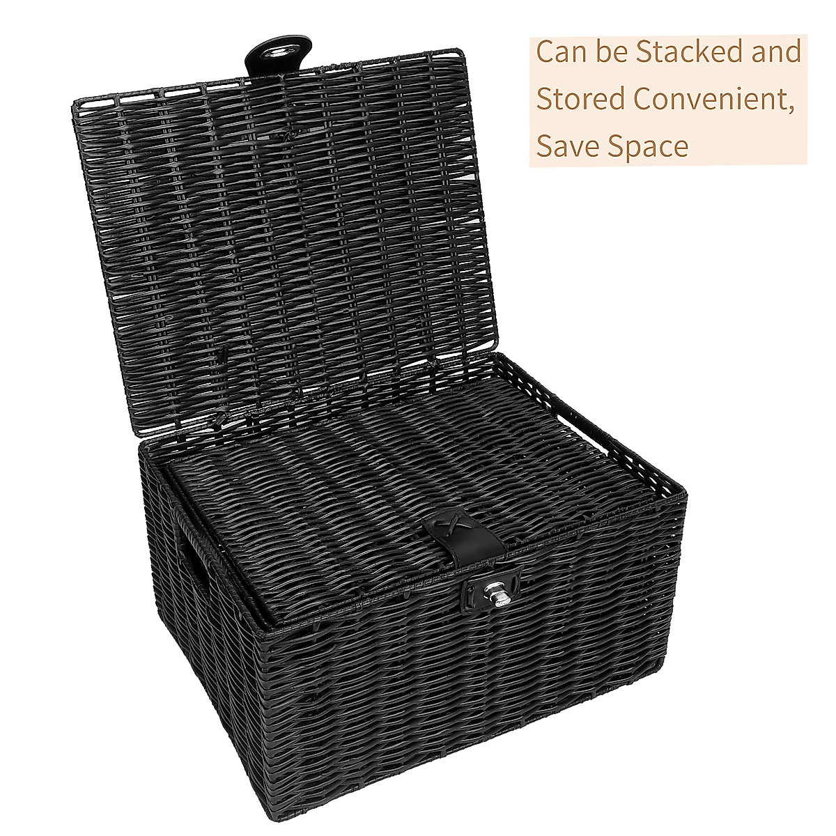 Honygebia Black Wicker Storage Baskets - Set of 3 Decorative Nesting Boxes with Lids, Woven Basket with Lock & Handle, Organizer for Beauty Makeup Bathroom Decor