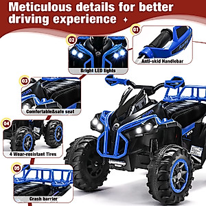 Soar Four Wheeler for Kids - Electirc Toddler 4 Wheeler for Kids 3-6, Ride on ATV 12v Battery Powered, Kids Quad with LED Lights, Music, High Low Speed, USB/TF, Treaded Tires, Blue