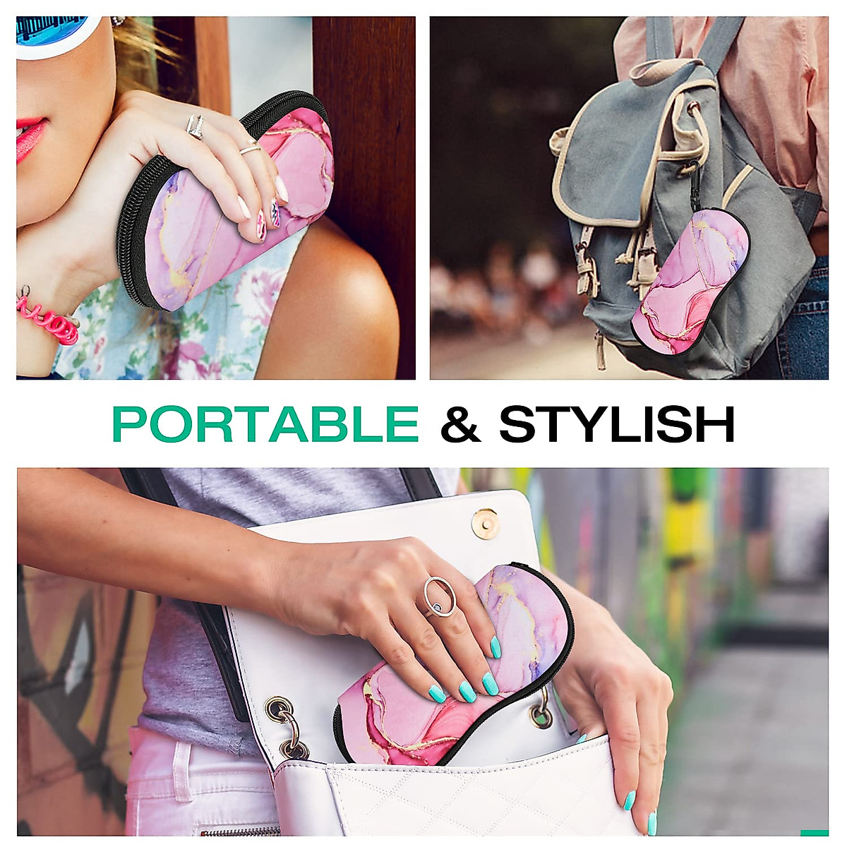 MoKo Sunglasses Soft Case Ultra Light Neoprene Zipper Eyeglass Case with Clip, Cloudy Pink