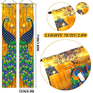 Riceshoot 10 Pcs Diwali Porch Banner Set, 2 Pcs 71 Inches Peacock Front Porch Welcome Sign 6 Pcs 5 ft Orange and Yellow Marigold Garland for Decoration and 2 Pcs 6.5 ft LED Lights for Indian Wedding