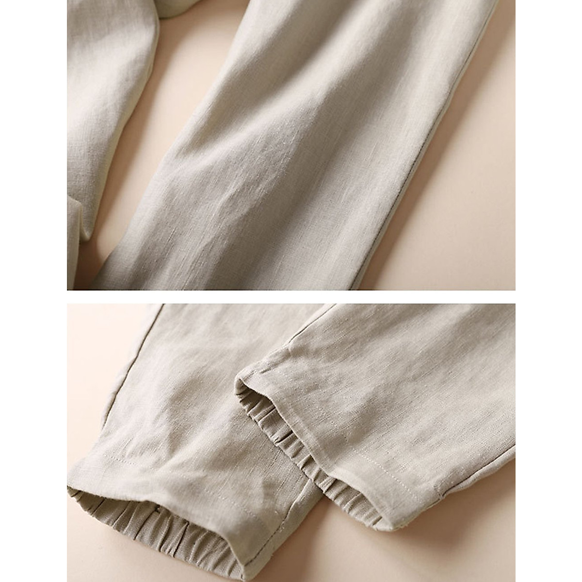 IXIMO Women's Tapered Pants 100% Linen Drawstring Back Elastic Waist Pants Trousers with Pockets Khaki XL