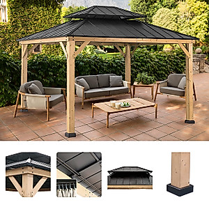 CoastShade 13x15 ft. Outdoor Wood Gazebo, Cedar Framed Patio Gazebo with 2-Tier Brown Steel Hardtop Roof for Patio,Garden,Backyard,Lawn and Deck