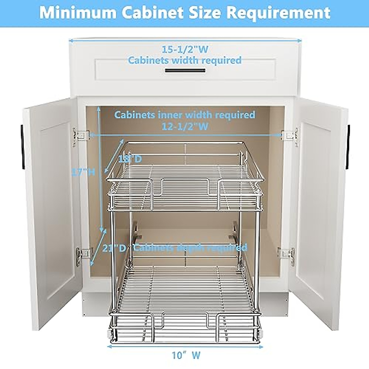 ROOMTEC New Version Pull Out Cabinet Organizer for Base Cabinet (11" W X 18" D), Kitchen Cabinet Organizer and Storage 2-Tier Cabinet Pull Out Shelves Under Cabinet Storage for Kitchen Silver,Chrome