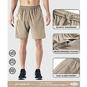 EXEKE Men's Quick Dry Running Shorts Lightweight Gym Workout Shorts with Zipper Pockets 252-3XL/Khaki 34-36