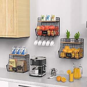 Fruit Basket for Kitchen with Wood Lid - Counter&Wall Mounted Onion and Potato Storage with Nameplate, Stackable Storage Basket, Hanging Metal Wire Baskets Kitchen Countertop Organizer Pantry 3 Pack