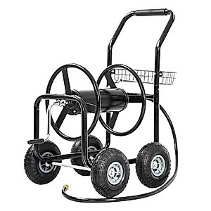 Hose Reel Hold Up To 300 Ft Heavy Duty Garden Hose Reel Sturdy Water Hose Reel Cart with 4 Wheels Storage Basket for Garden Lawn Yard Outdoor (Black)