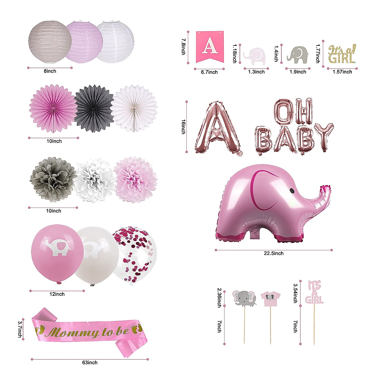 JYNTU Elephant Baby Shower Decorations (Pink)-Elephant Theme, Baby Shower Backdrop with Balloons, OH baby, It;s a Girl, Cake Topper, Paper Hanging Decoration(Flower,lantern)