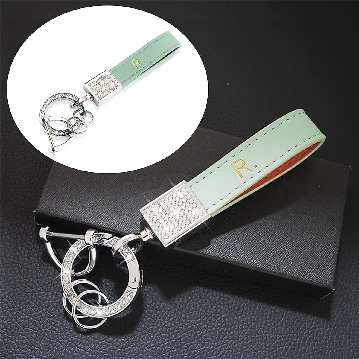 Leather Keychain Bling Keychain for Women Anti-Lost D-Ring Car Keychain Fashion Rhinestone Purse Charms for Handbags (Green)