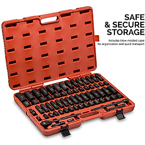 NEIKO 02448A 1/2" Drive Master Impact Socket Set, 65 Piece, Standard SAE (3/8"-1-1/4") & Metric (10-24 mm) Sizes, Deep & Shallow Kit, Includes Adapters & Ratchet Handle