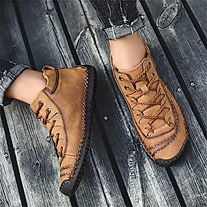 Fashion Summer and Autumn Men Leather Shoes Flat Soft Bottom Comfortable Mid Top Lace Up Casual Boot Leather Men (Brown, 9)