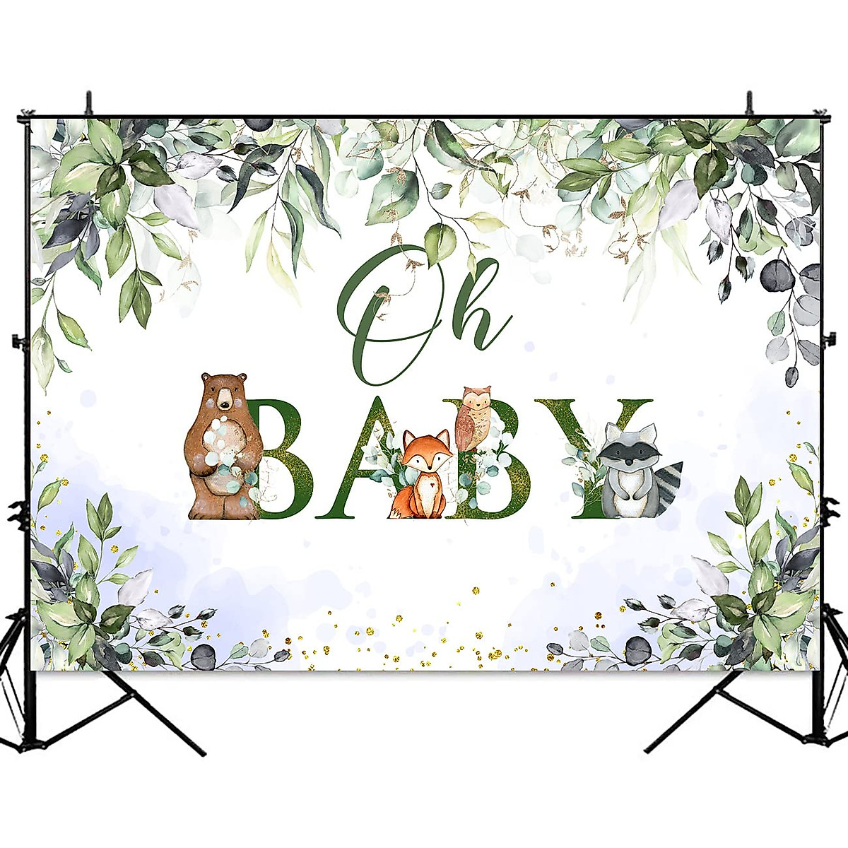 Sensfun Woodland Baby Shower Backdrop Oh Baby Greenery Forest Jungle Animals Photography Background Woodland Creatures Baby Shower Party Banner Decorations (7x5ft)