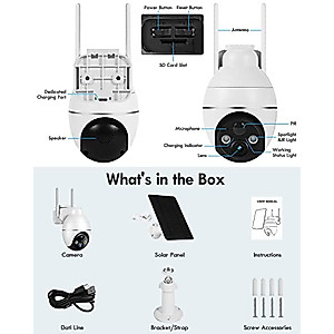 Recacam Solar Security Cameras Wireless Outdoor, 2K 355° PTZ Outdoor Camera Wireless, 2.4G Wi-Fi Cameras for Home Security with PIR, 2-Way Talk, IP65, 4dbi, Spotlight/Siren, Color Night Vision