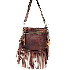 Western Genuine Leather Floral Tooled Fringe Womens Crossbody Bag 3 Color (Laser Cut Brown)