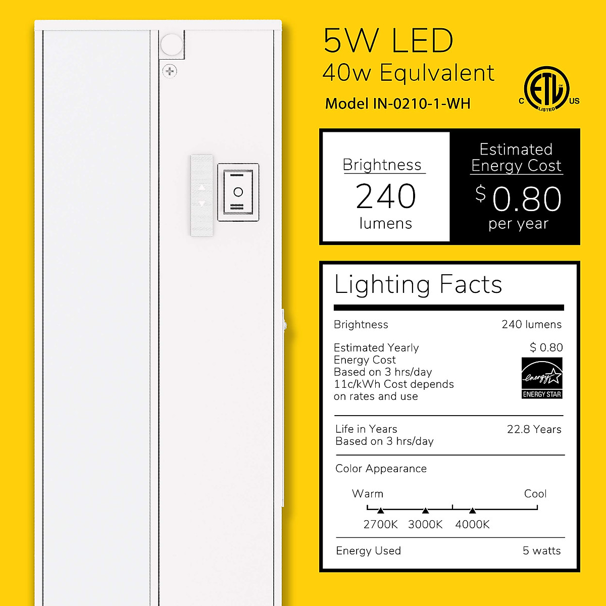 GETINLIGHT 3 Color Levels Dimmable LED Under Cabinet Lighting with ETL Listed, 12-inch, Warm White (2700K), Soft White (3000K), Bright White (4000K), White Finished, IN-0210-1