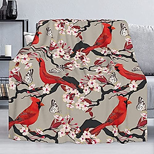 FeHuew Cardinals Birds Cherry Flowers Soft Throw Blanket 40x50 inch Lightweight Warm Flannel Fleece Blanket for Couch Bed Sofa Travel Camping for Kids Adults