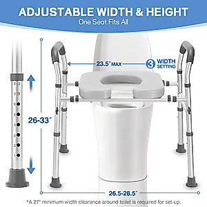 Raised Toilet Seat with Handles, Heavy Duty 500lb Toilet Seat Risers for Seniors, Extra Support Bars for Soft Padded Seat, Adjustable Width & Height Toilet Seat Riser for Disabled-Gray
