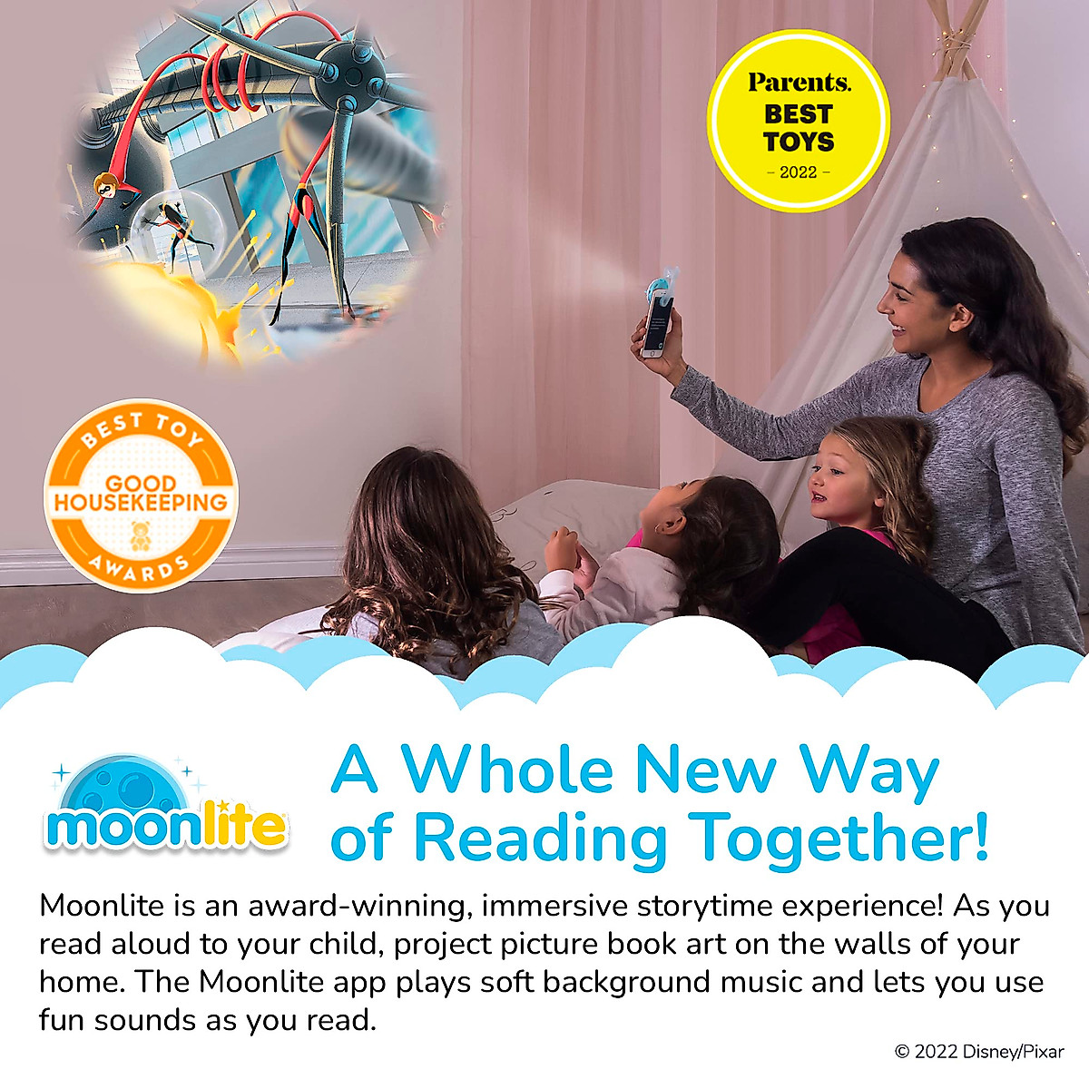 Moonlite Mini Projector with 5 Stories - New Way to Read Stories Together - 5 Digital Stories with Light Projector Including Cars, Incredibles - Gifts for Kids Ages 2 and Up