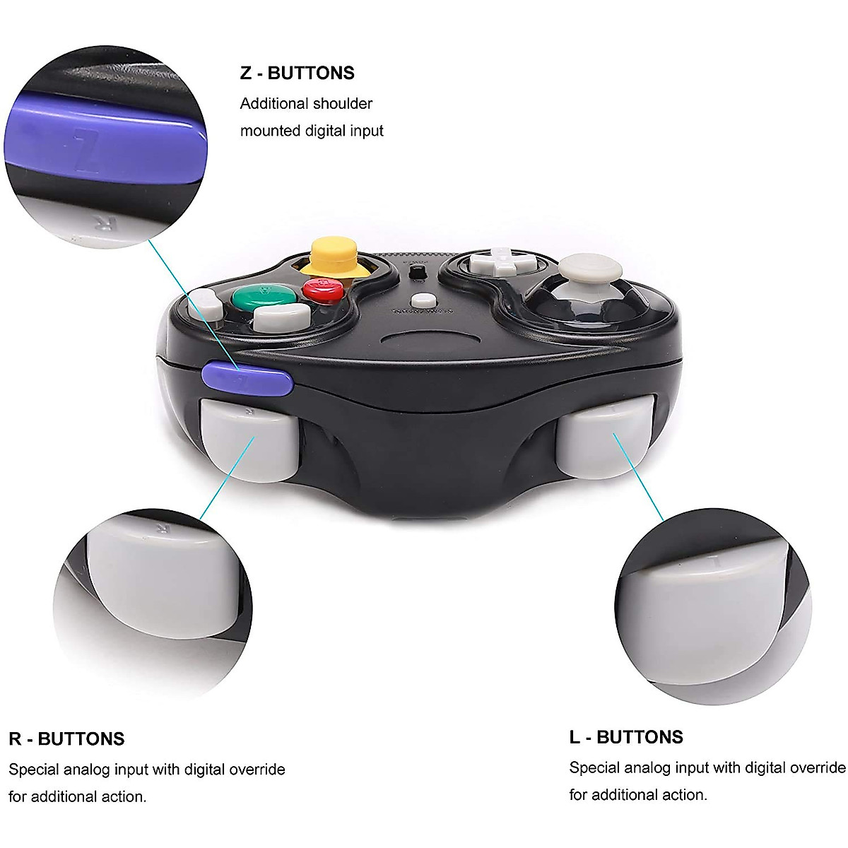 VTone Wireless Gamecube Controller, 2 Pieces 2.4G Wireless Classic Gamepad with Receiver Adapter for Wii Gamecube NGC GC (Black and Dark Blue)