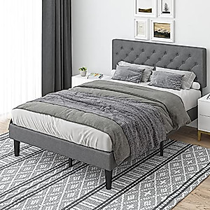 Queen Upholstered Platform Bed Frame, Queen Bed Frame with Headboard, Fabric Upholstered Platform with Button Tufted Headboard Sturdy Wood Slat Support, Mattress Foundation, No Box Spring Needed, Grey