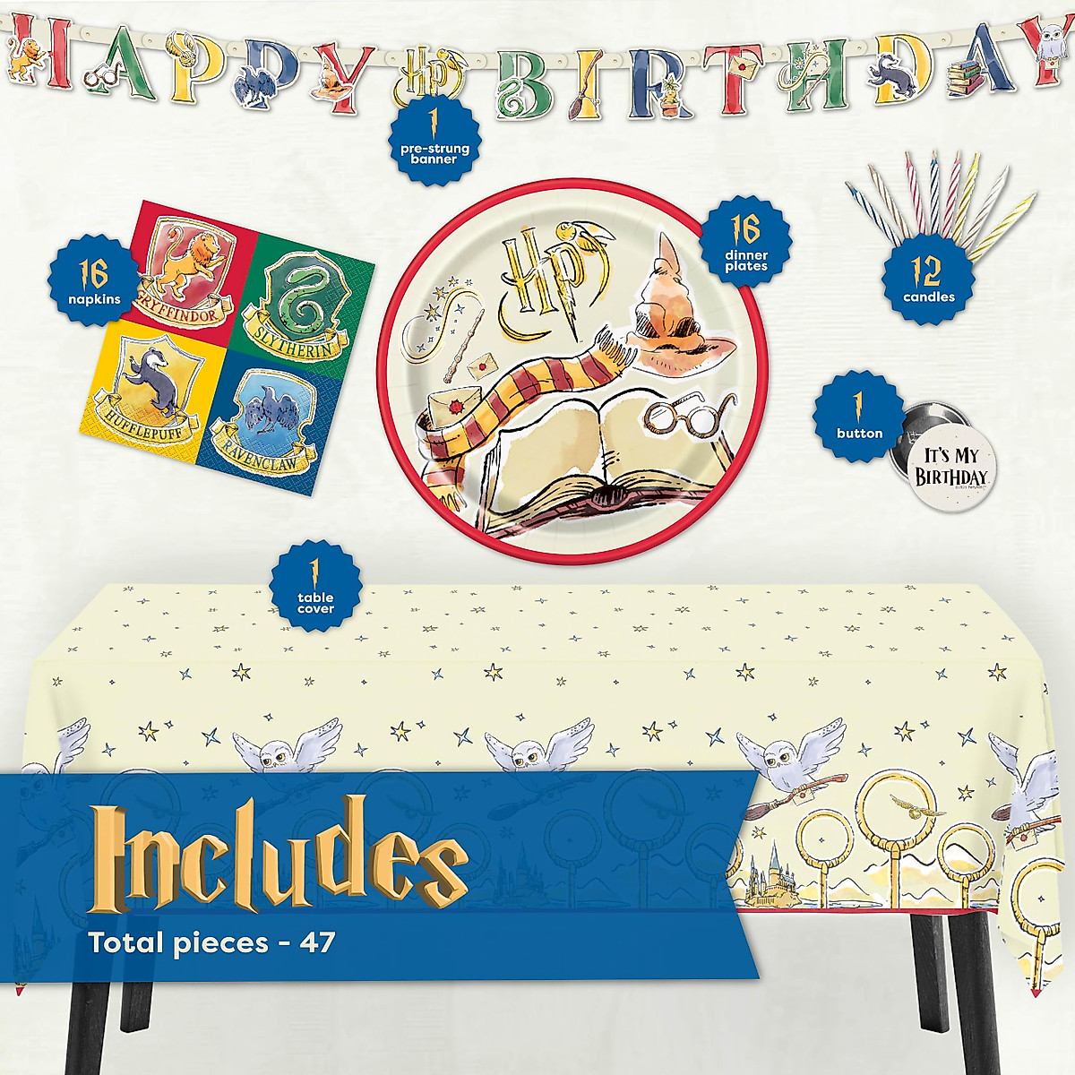 Harry Potter Birthday Decorations Kit | Harry Potter Birthday Party Supplies | With Harry Potter Table Cover, Banner, Dinner Plates, Napkins, Candles, Button | Serves 16