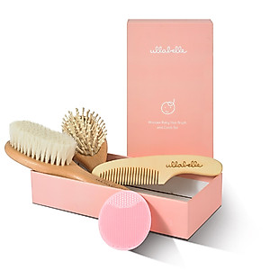 Ullabelle 4 Piece Wooden Baby Hair Brush and Comb Set for Newborns & Toddlers in Chic Gift Box - Ultra Soft Natural Goat Hair and Wood Baby Brush Set Prevents Cradle Cap - Perfect Registry Gift (Pink)