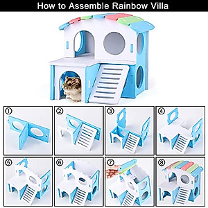 Tiibot 8 Pieces Fun Hamster Toys DIY Wooden Gerbil Hideout Include Swing Seesaw Rainbow Villa Bear's Nest Fitness Circle Arch Bridge Bell Roller Snail House for Sport Exercise Small Animals, Blue