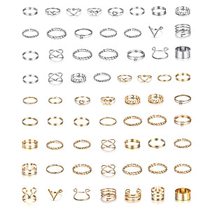 LOYALLOOK 65PCS Bohemian Knuckle Ring Midi Set Hollow Silver Gold Vintage Stackable Rings Fashion Finger for Women