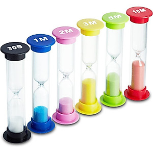 Sand Timer 6 Colors Hourglass Sandglass Sand Clock Timer 30sec / 1min / 2mins / 3mins / 5mins / 10mins (Pack of 6). for Classroom Game Home Office, Toothbrush Timer for Children Kids