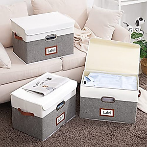 Yawinhe 4-Pack Storage Boxes with Lids, Storage Baskets Cubes, 13x9x7.9Inch, Fabric Storage Bins Organizer Containers with Dual Leather Handles for Home Bedroom Closet Office White/Grey